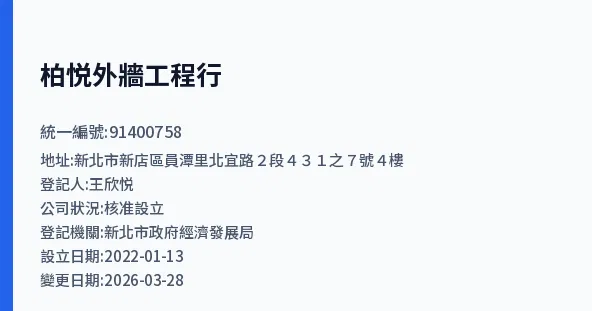 柏悦外牆工程行的照片-統編 91400758(新北市) 公司登記資料與營業項目詳細圖表
