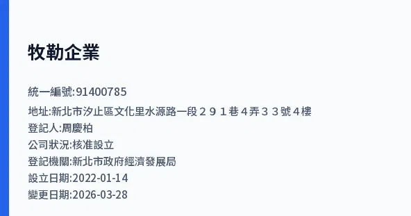 牧勒企業的照片-統編 91400785(新北市) 公司登記資料與營業項目詳細圖表