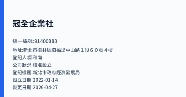 冠全企業社的照片-統編 91400883(新北市) 公司登記資料與營業項目詳細圖表