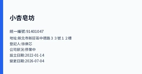 小杏皂坊的照片-統編 91401047(新北市) 公司登記資料與營業項目詳細圖表