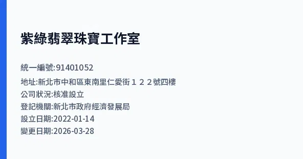 紫綠翡翠珠寶工作室的照片-統編 91401052(新北市) 公司登記資料與營業項目詳細圖表