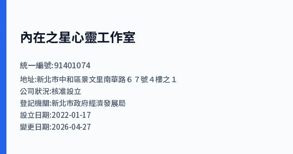 內在之星心靈工作室的照片-統編 91401074(新北市) 公司登記資料與營業項目詳細圖表