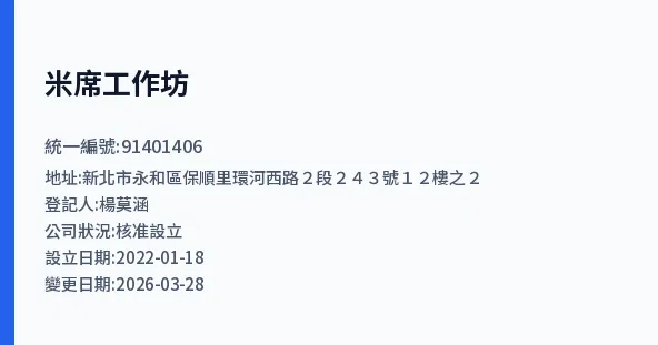 米席工作坊的照片-統編 91401406(新北市) 公司登記資料與營業項目詳細圖表