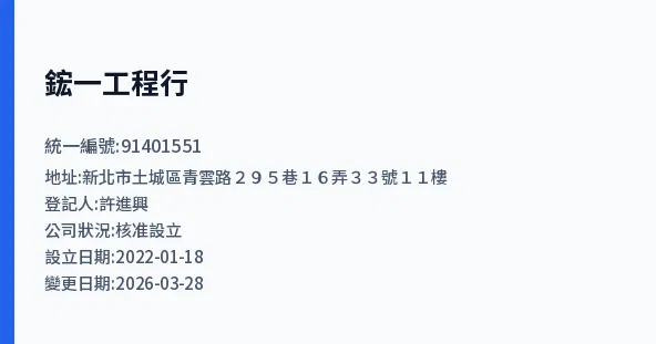 鋐一工程行的照片-統編 91401551(新北市) 公司登記資料與營業項目詳細圖表