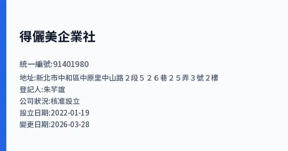 得儷美企業社的照片-統編 91401980(新北市) 公司登記資料與營業項目詳細圖表