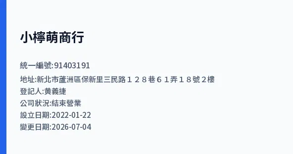 小檸萌商行的照片-統編 91403191(新北市) 公司登記資料與營業項目詳細圖表