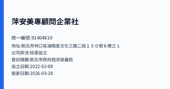 萍安美專顧問企業社的照片-統編 91404810(新北市) 公司登記資料與營業項目詳細圖表