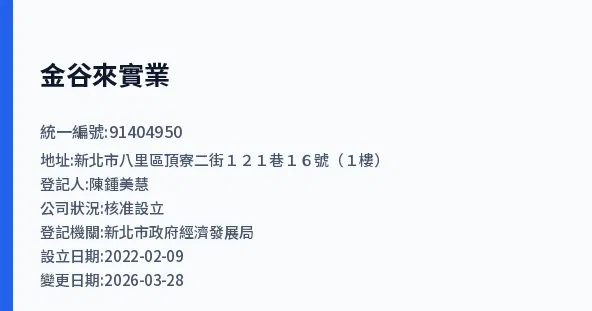金谷來實業的照片-統編 91404950(新北市) 公司登記資料與營業項目詳細圖表