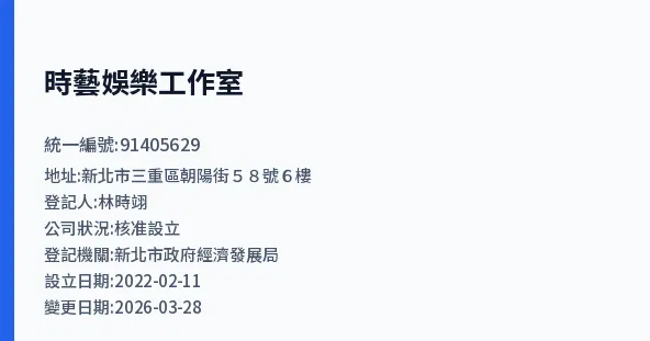 時藝娛樂工作室的照片-統編 91405629(新北市) 公司登記資料與營業項目詳細圖表