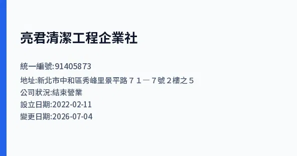 亮君清潔工程企業社的照片-統編 91405873(新北市) 公司登記資料與營業項目詳細圖表