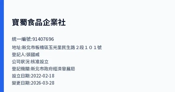 寶蜀食品企業社的照片-統編 91407696(新北市) 公司登記資料與營業項目詳細圖表
