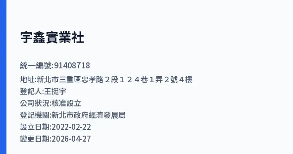 宇鑫實業社的照片-統編 91408718(新北市) 公司登記資料與營業項目詳細圖表