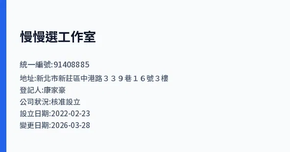 慢慢選工作室的照片-統編 91408885(新北市) 公司登記資料與營業項目詳細圖表