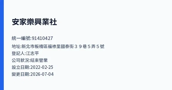 安家樂興業社的照片-統編 91410427(新北市) 公司登記資料與營業項目詳細圖表