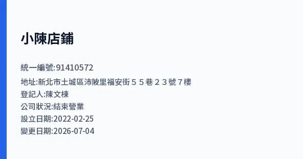 小陳店鋪的照片-統編 91410572(新北市) 公司登記資料與營業項目詳細圖表