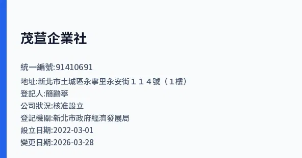 茂苣企業社的照片-統編 91410691(新北市) 公司登記資料與營業項目詳細圖表