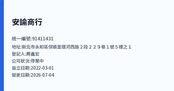 安諭商行的照片-統編 91411431(新北市) 公司登記資料與營業項目詳細圖表