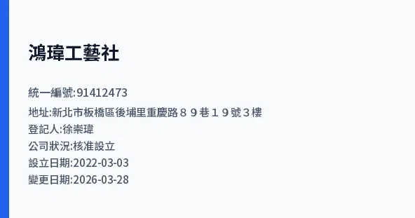 鴻瑋工藝社的照片-統編 91412473(新北市) 公司登記資料與營業項目詳細圖表