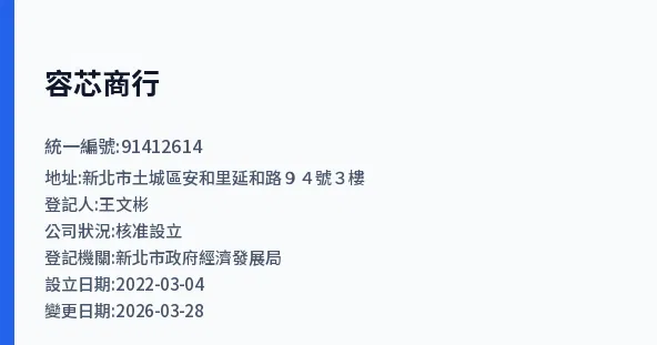 容芯商行的照片-統編 91412614(新北市) 公司登記資料與營業項目詳細圖表