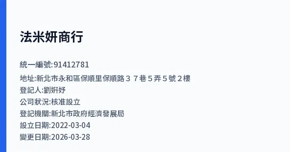 法米妍商行的照片-統編 91412781(新北市) 公司登記資料與營業項目詳細圖表