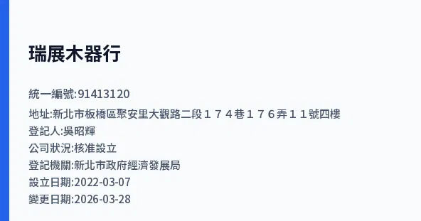 瑞展木器行的照片-統編 91413120(新北市) 公司登記資料與營業項目詳細圖表