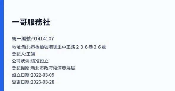一哥服務社的照片-統編 91414107(新北市) 公司登記資料與營業項目詳細圖表
