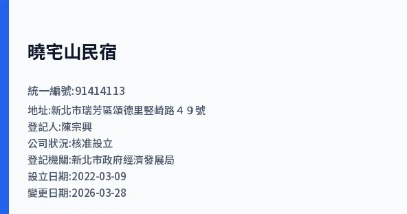 曉宅山民宿的照片-統編 91414113(新北市) 公司登記資料與營業項目詳細圖表