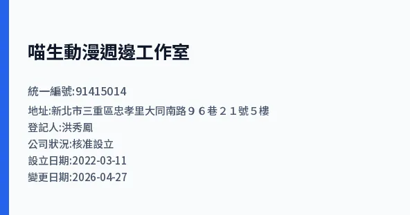 喵生動漫週邊工作室的照片-統編 91415014(新北市) 公司登記資料與營業項目詳細圖表