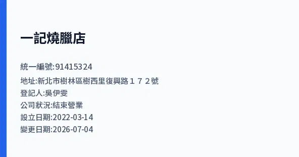 一記燒臘店的照片-統編 91415324(新北市) 公司登記資料與營業項目詳細圖表