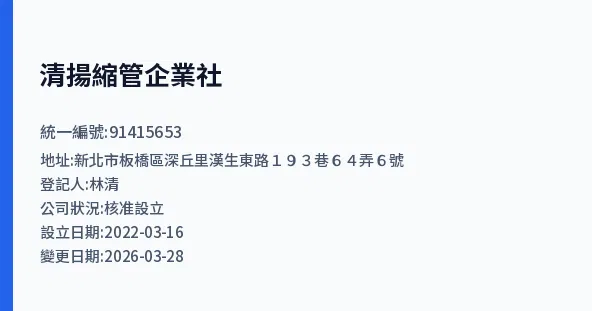 清揚縮管企業社的照片-統編 91415653(新北市) 公司登記資料與營業項目詳細圖表