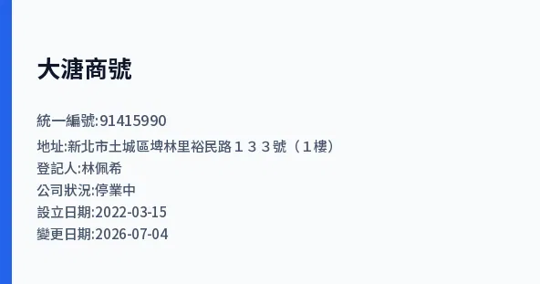 大溏商號的照片-統編 91415990(新北市) 公司登記資料與營業項目詳細圖表