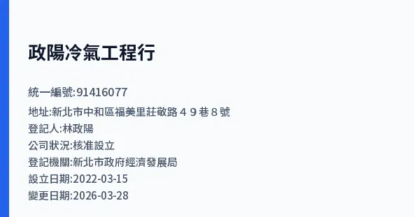 政陽冷氣工程行的照片-統編 91416077(新北市) 公司登記資料與營業項目詳細圖表