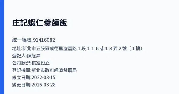 庄記蝦仁羹麵飯的照片-統編 91416082(新北市) 公司登記資料與營業項目詳細圖表