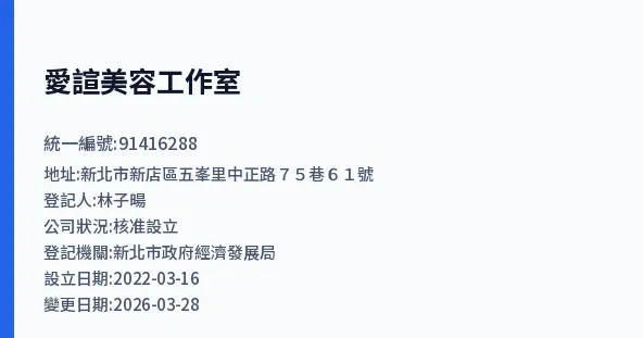 愛諠美容工作室的照片-統編 91416288(新北市) 公司登記資料與營業項目詳細圖表