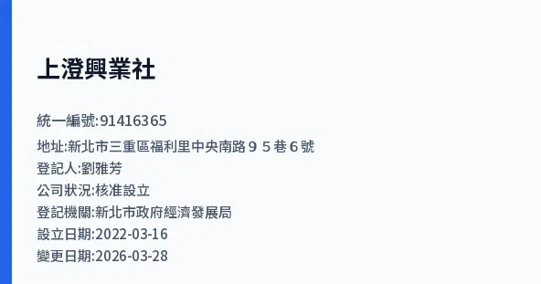 上澄興業社的照片-統編 91416365(新北市) 公司登記資料與營業項目詳細圖表