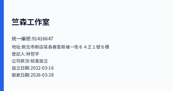 竺森工作室的照片-統編 91416647(新北市) 公司登記資料與營業項目詳細圖表