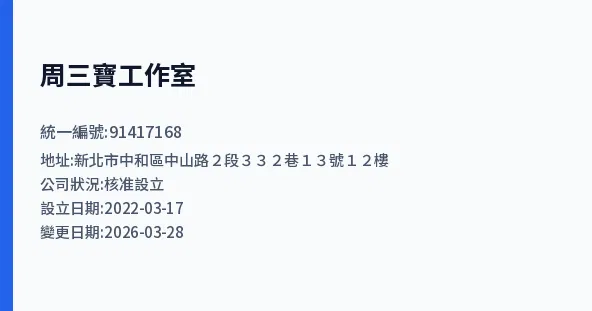周三寶工作室的照片-統編 91417168(新北市) 公司登記資料與營業項目詳細圖表