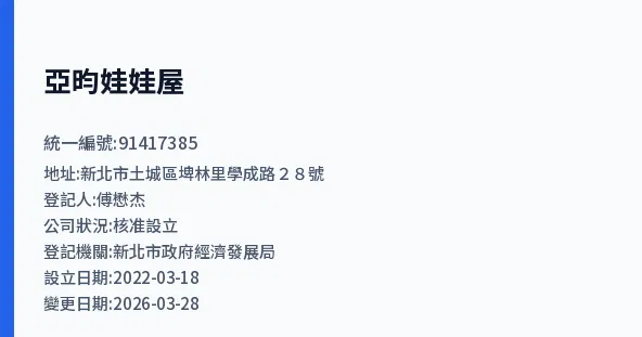 亞昀娃娃屋的照片-統編 91417385(新北市) 公司登記資料與營業項目詳細圖表