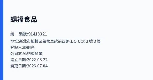 錫福食品的照片-統編 91418321(新北市) 公司登記資料與營業項目詳細圖表
