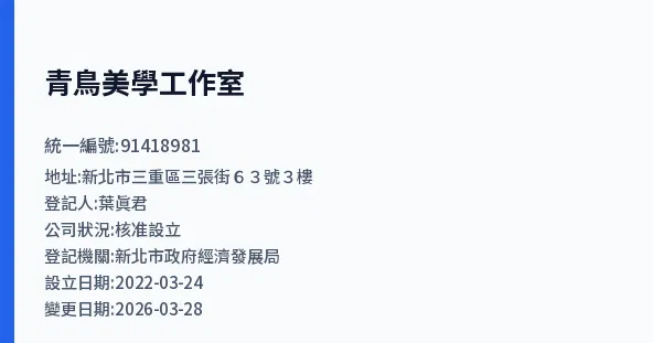 青鳥美學工作室的照片-統編 91418981(新北市) 公司登記資料與營業項目詳細圖表