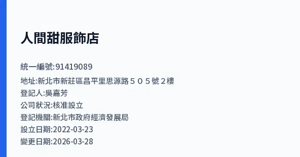 人間甜服飾店的照片-統編 91419089(新北市) 公司登記資料與營業項目詳細圖表