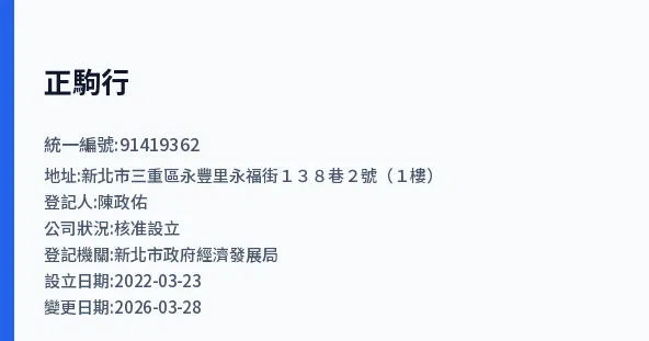 正駒行的照片-統編 91419362(新北市) 公司登記資料與營業項目詳細圖表