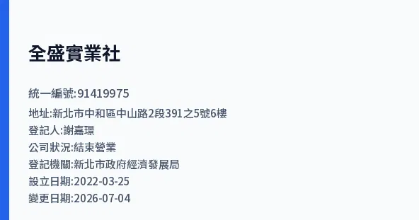 全盛實業社的照片-統編 91419975(新北市) 公司登記資料與營業項目詳細圖表