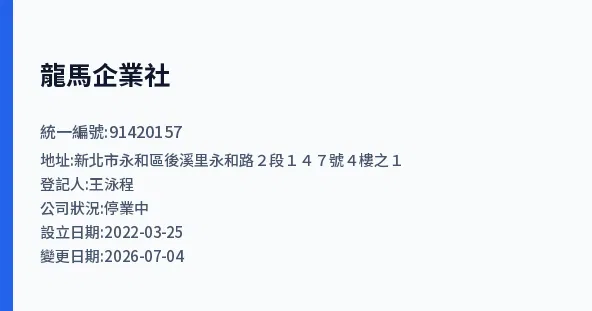 龍馬企業社的照片-統編 91420157(新北市) 公司登記資料與營業項目詳細圖表