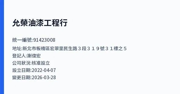 允榮油漆工程行的照片-統編 91423008(新北市) 公司登記資料與營業項目詳細圖表
