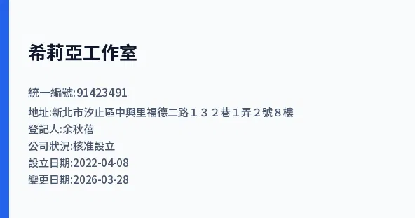希莉亞工作室的照片-統編 91423491(新北市) 公司登記資料與營業項目詳細圖表