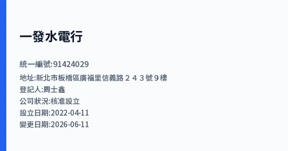 一發水電行的照片-統編 91424029(新北市) 公司登記資料與營業項目詳細圖表