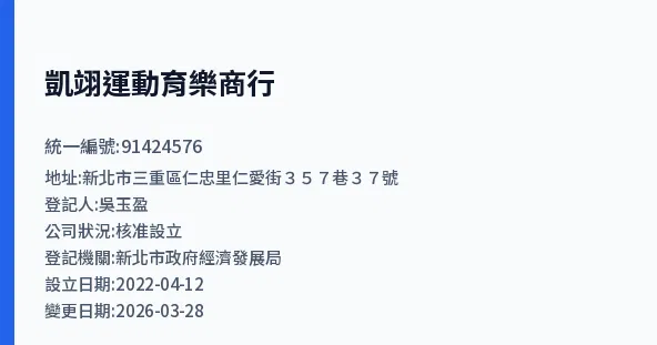 凱翊運動育樂商行的照片-統編 91424576(新北市) 公司登記資料與營業項目詳細圖表