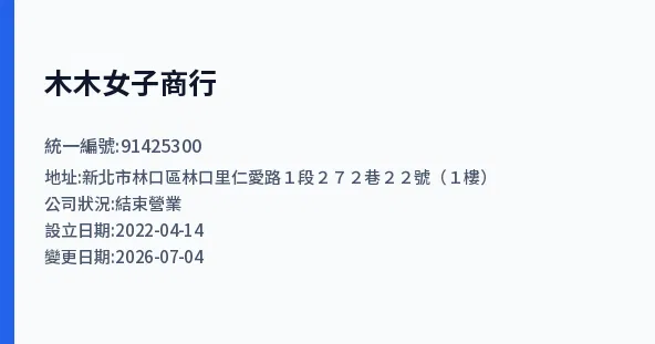 木木女子商行的照片-統編 91425300(新北市) 公司登記資料與營業項目詳細圖表