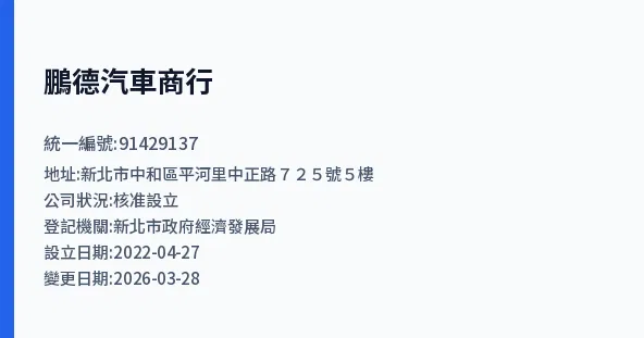 鵬德汽車商行的照片-統編 91429137(新北市) 公司登記資料與營業項目詳細圖表